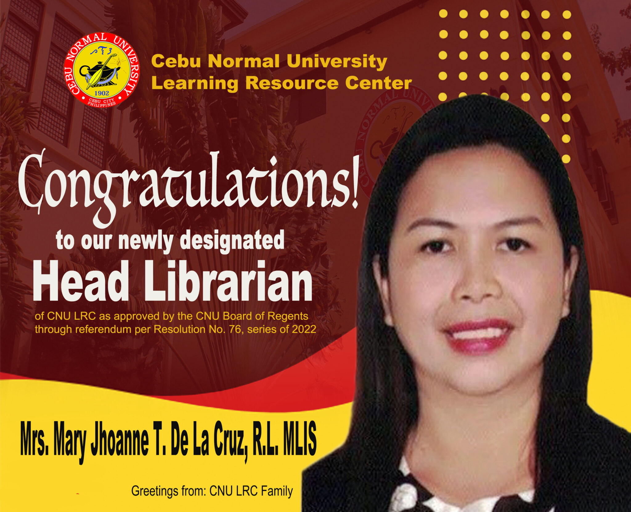 Congratulations to our newly designated Head Librarian – Cebu Normal ...